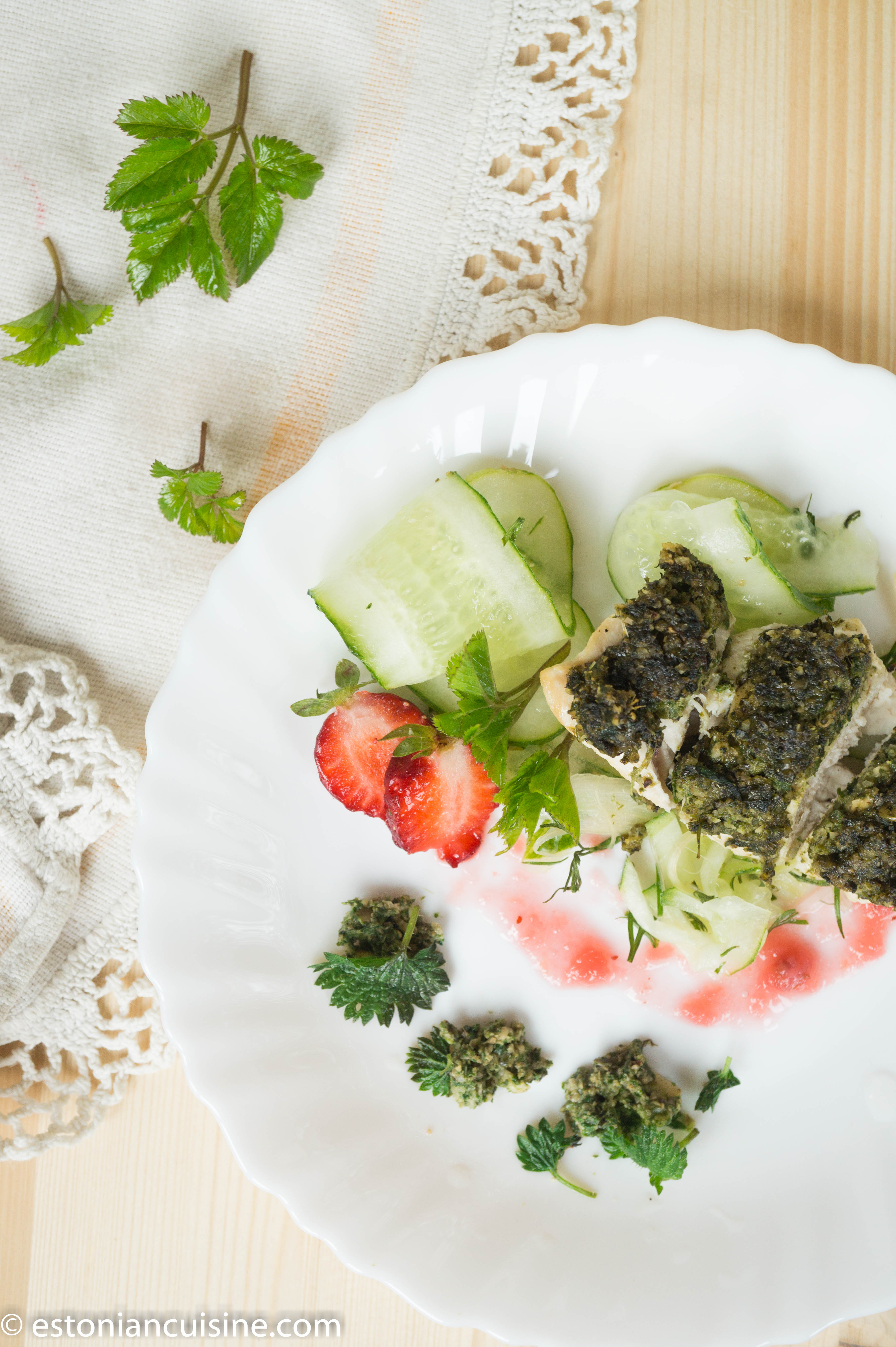 Marinated chicken fillet rolled in fresh weeds. Roheline kana ...